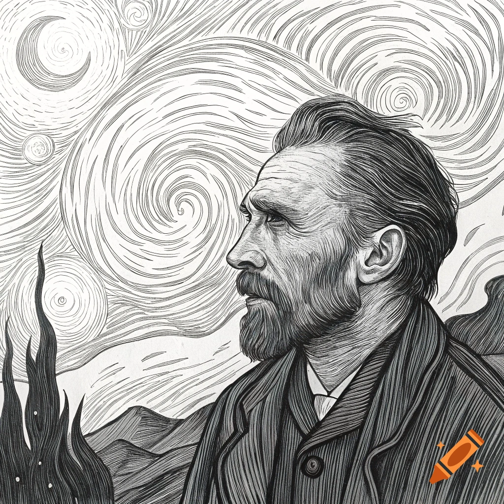 Black and white drawing of a man's profile in the style of Van Gogh. on ...
