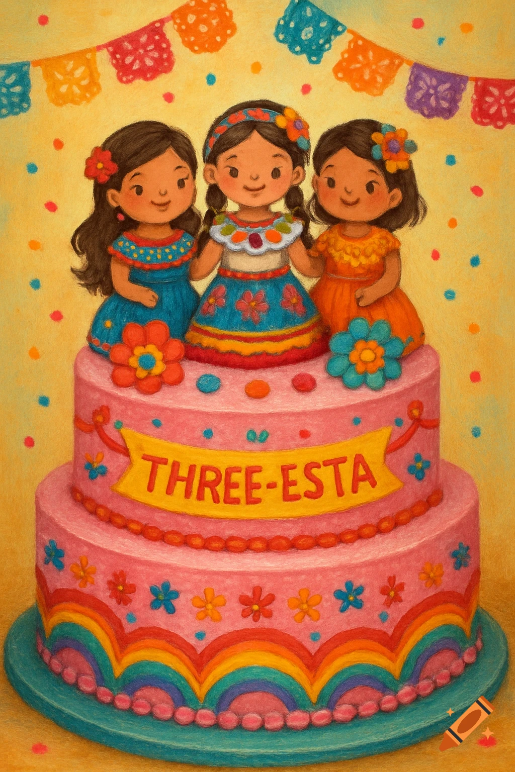 Illustration of three cartoon girls on a colorful birthday cake with a ...
