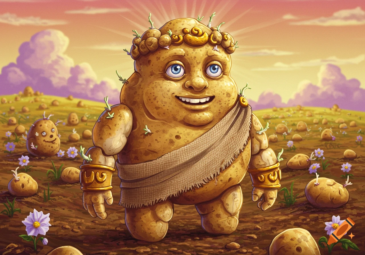 A cartoon-style illustration of a potato god wearing a toga and crown ...