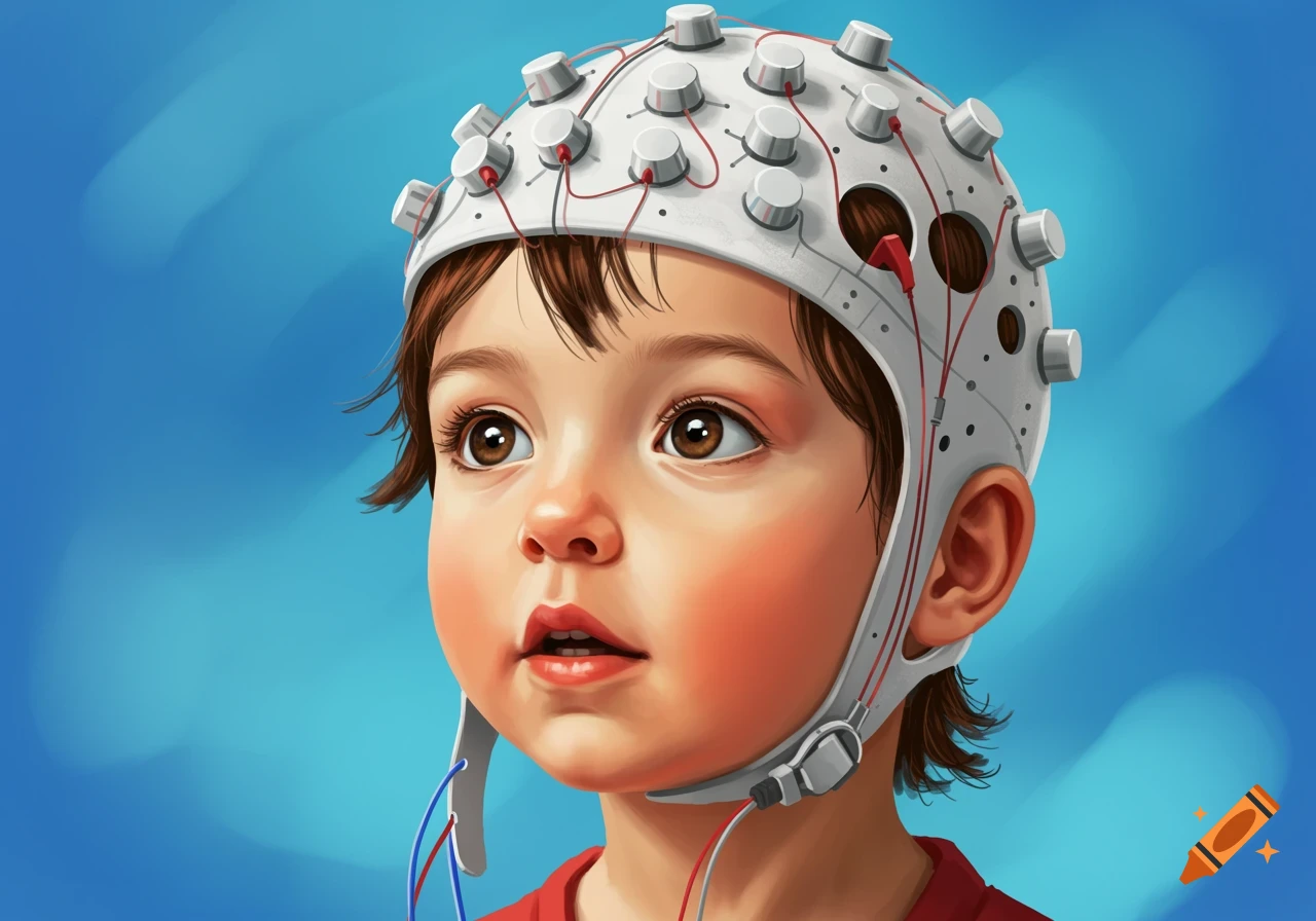 Illustration of a young child wearing an EEG cap on Craiyon