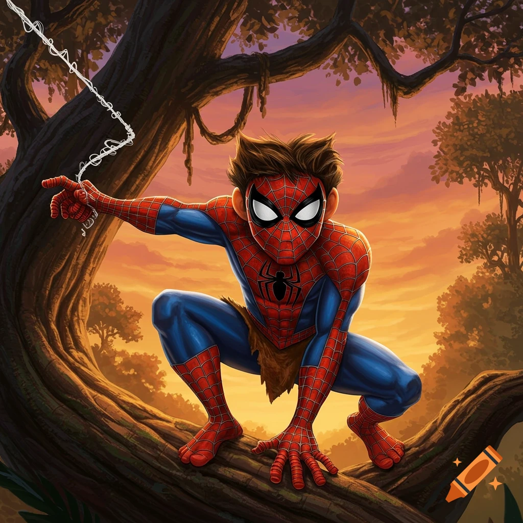 Cartoon character similar to Grug in a Spider-Man costume crouching on ...