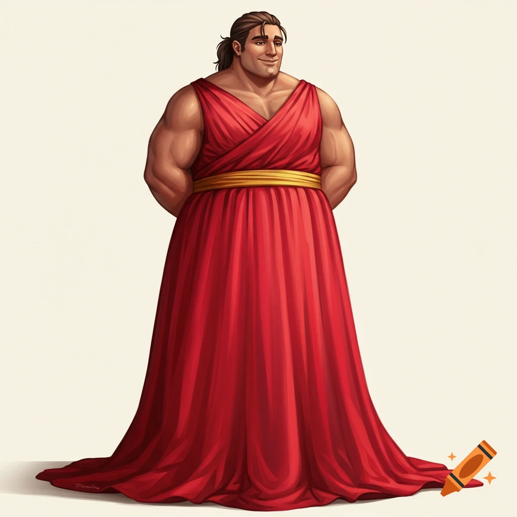 Illustration of a muscular man wearing a long red dress with a gold ...