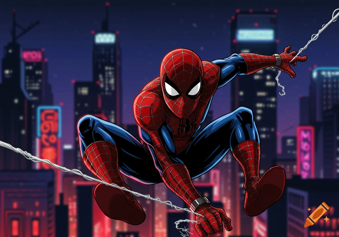 Spider-Man swinging through a city at night in a comic book style. on Craiyon