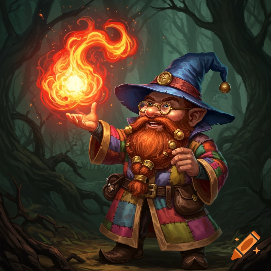 A cartoon fantasy gnome wizard casts a bright orange fireball in a ...
