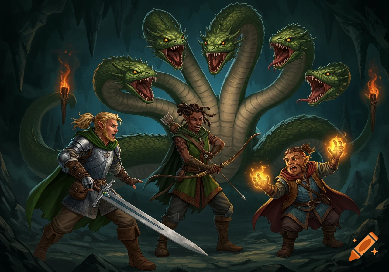 Dnd party fighting a green hydra monster in a cave, digital illustration on Craiyon