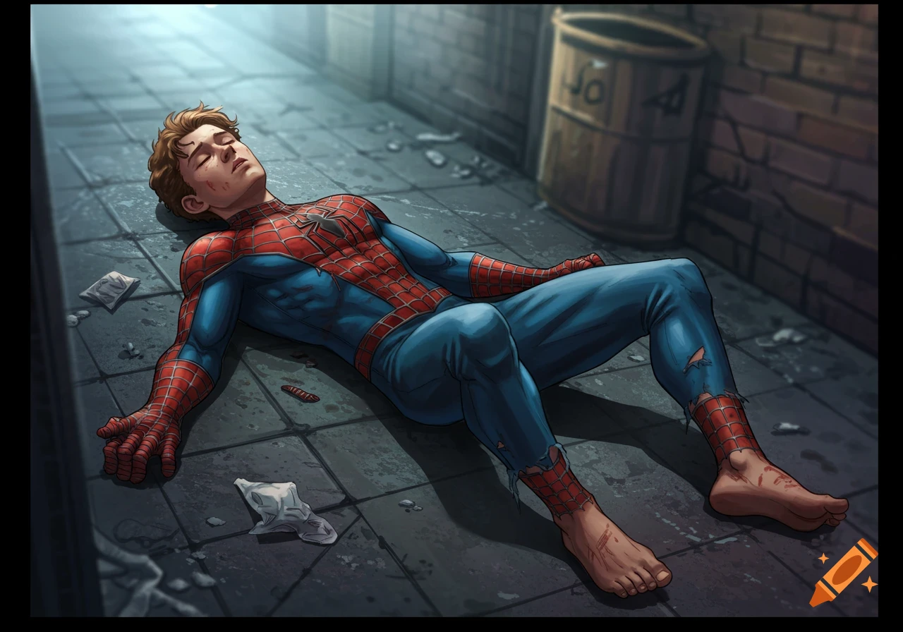 Comic illustration of Spiderman lying injured and unconscious on a ...