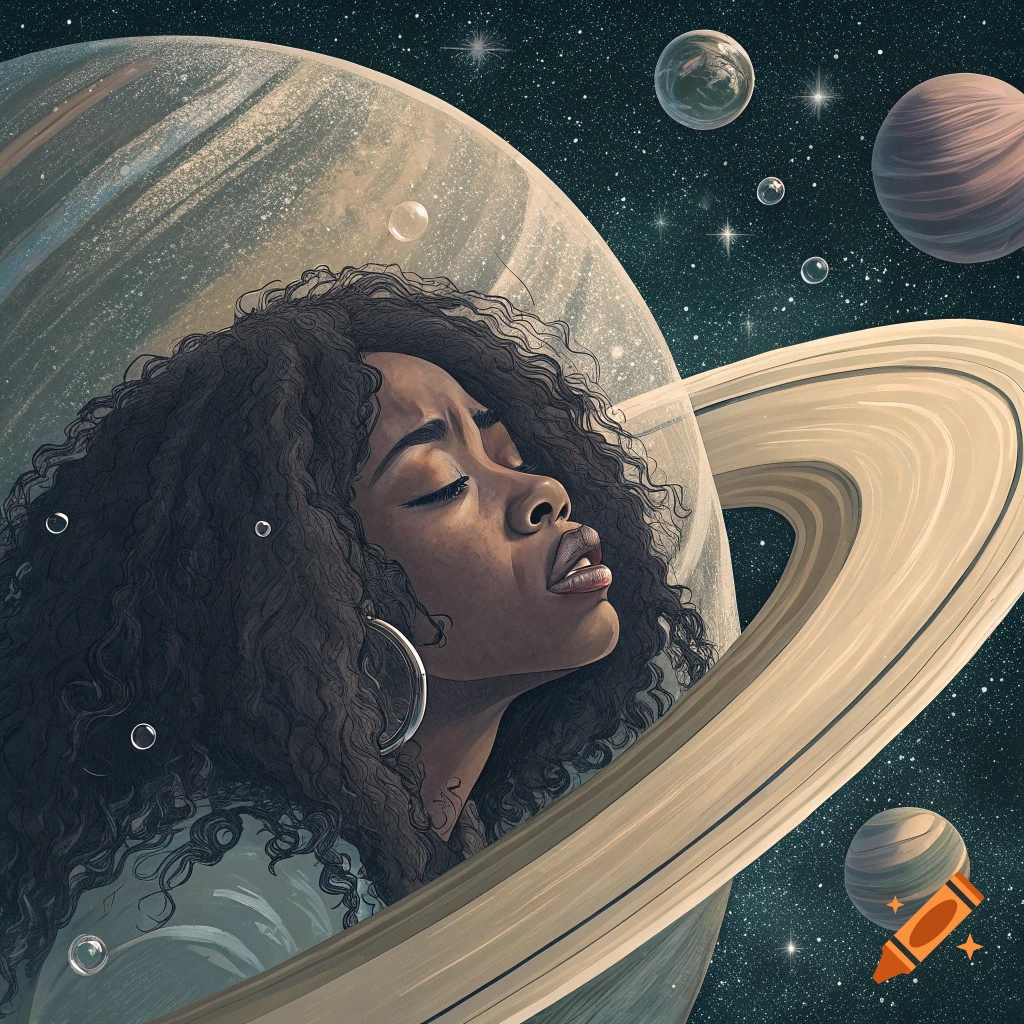 Illustrated portrait of a woman with closed eyes floating near Saturn ...
