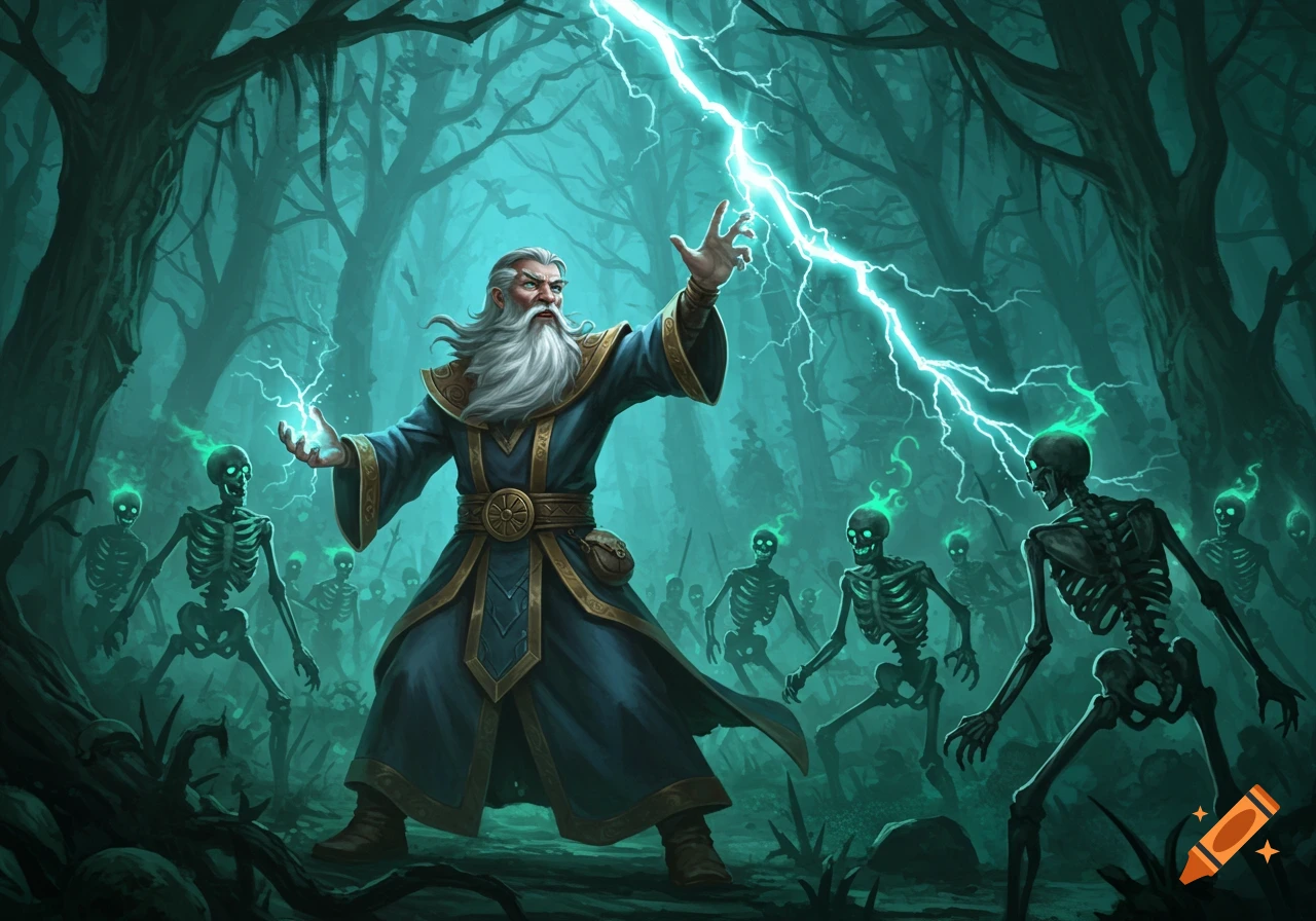 A wizard casts lightning magic at a horde of glowing-eyed skeletons in ...