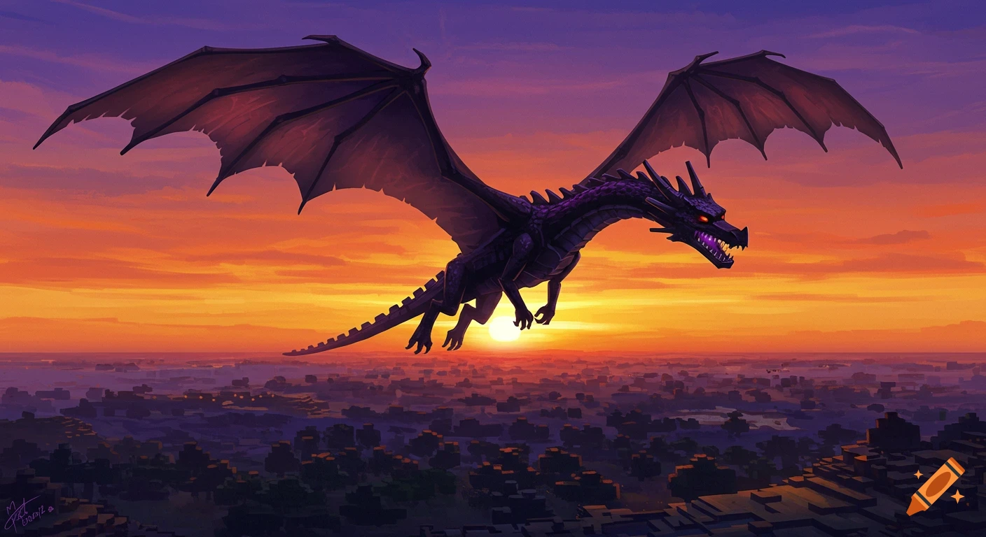 A purple Ender Dragon flies over a blocky landscape during a vibrant ...