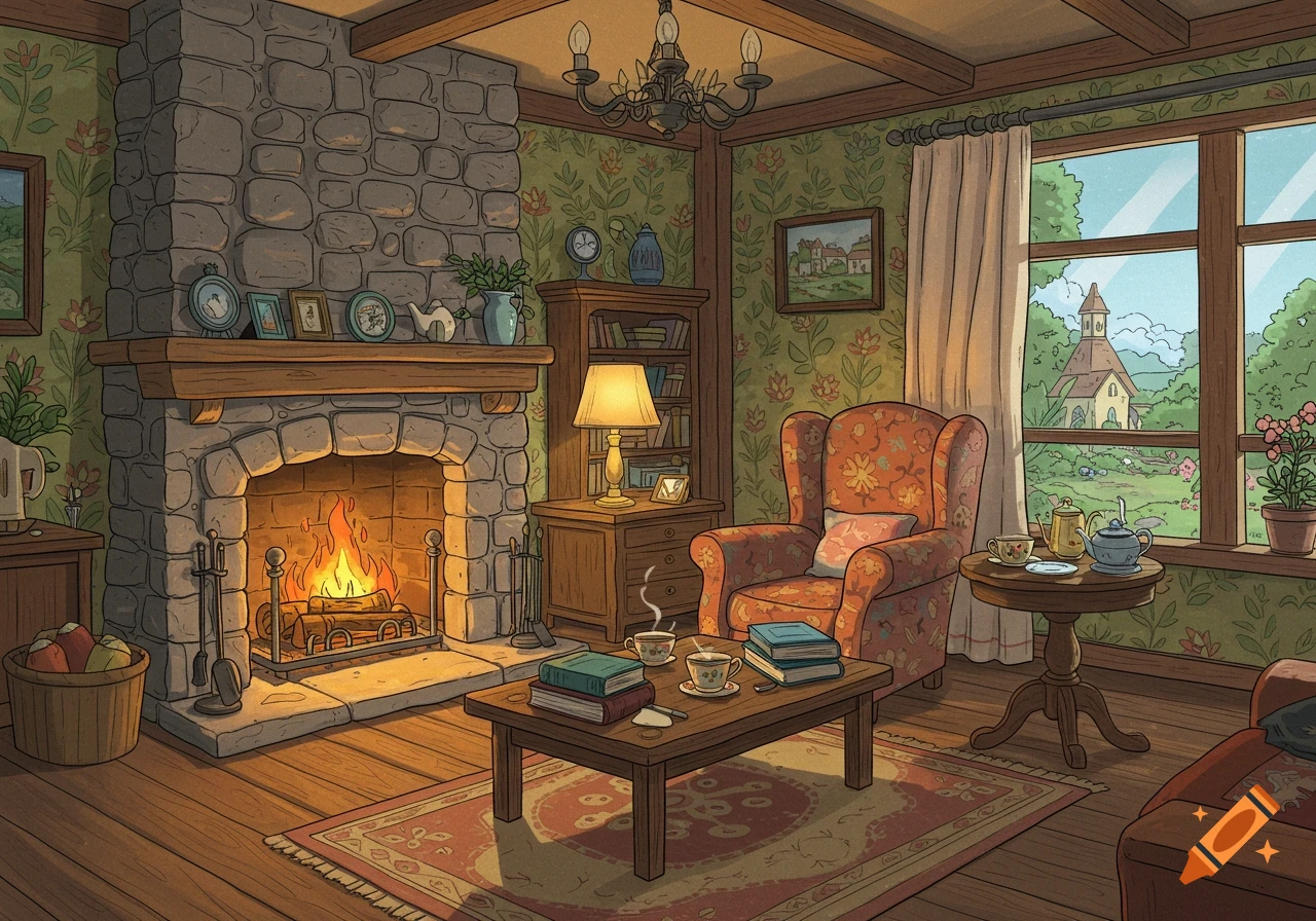 Cozy cartoon illustration of a cottage living room with a fireplace ...