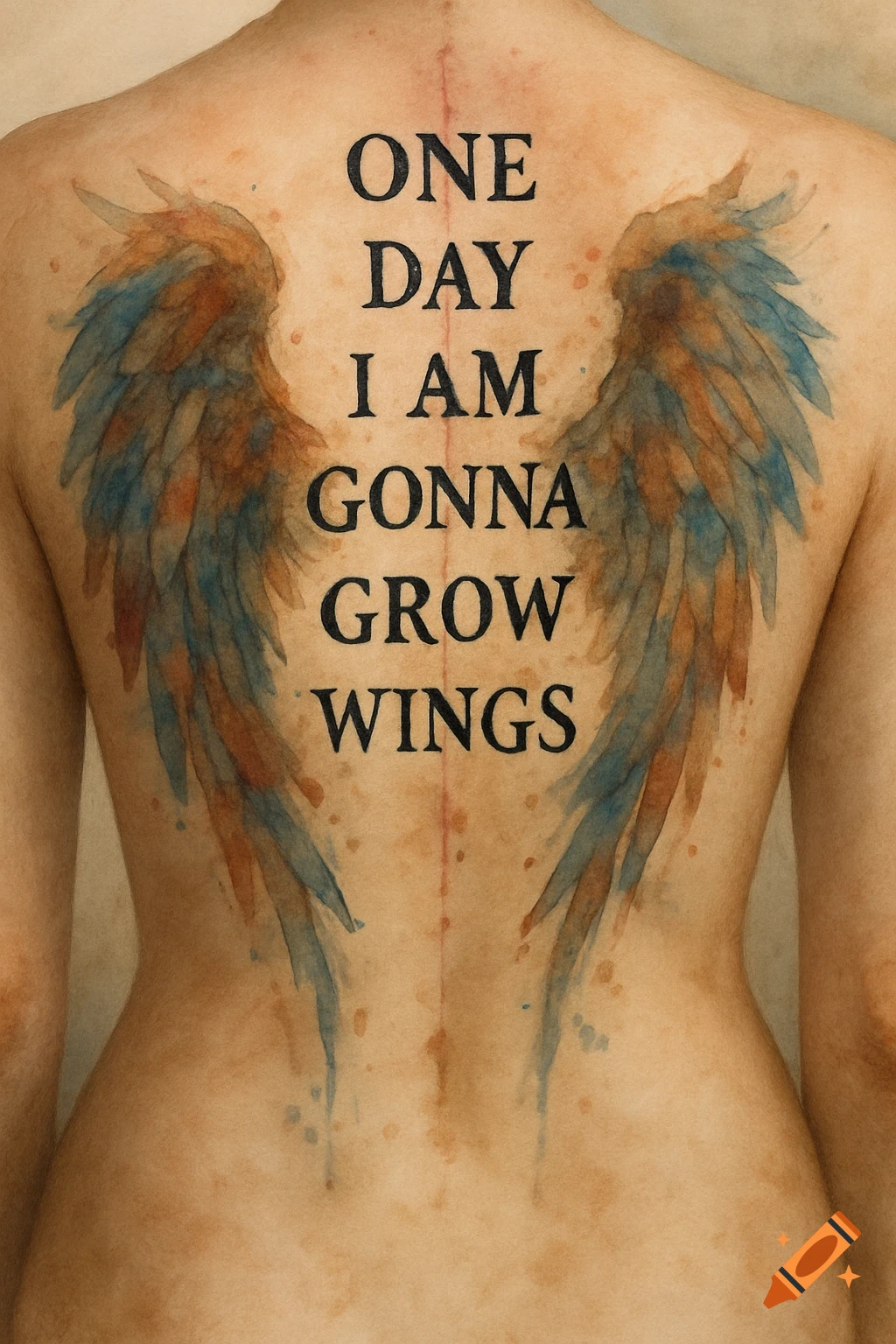 Watercolor wings and text tattoo on back: One Day I Am Gonna Grow Wings on Craiyon