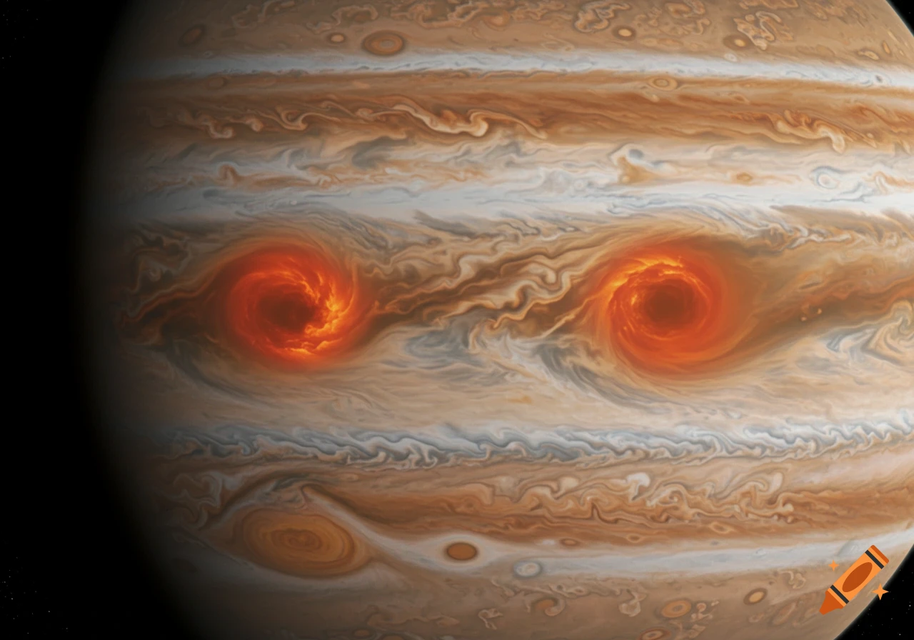 Close-up illustration of Jupiter showing two large, glowing red storms ...