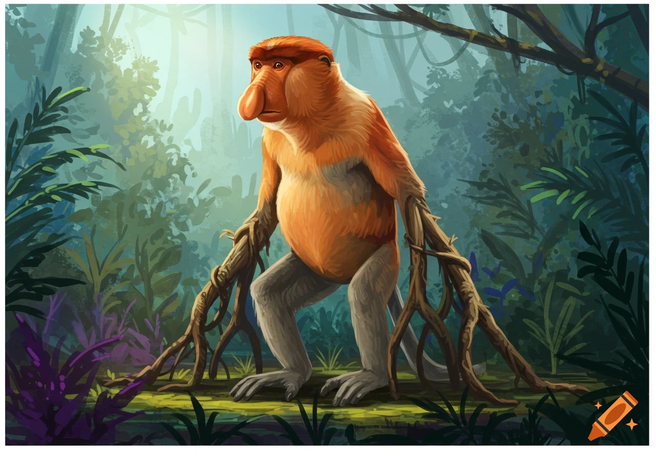 Illustrated proboscis monkey with vine-like limbs stands in a lush ...