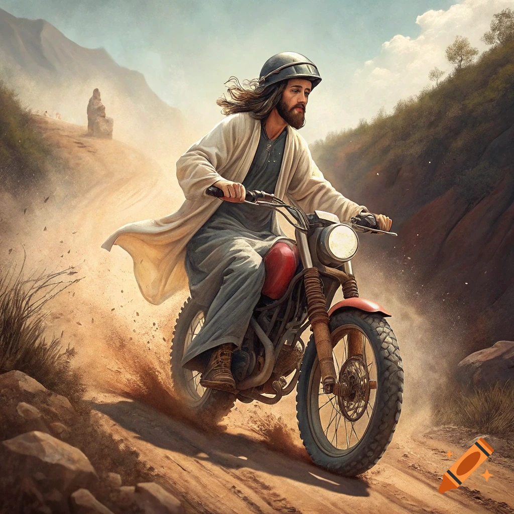 Illustration of Jesus riding a dirt bike up a dusty hill. on Craiyon
