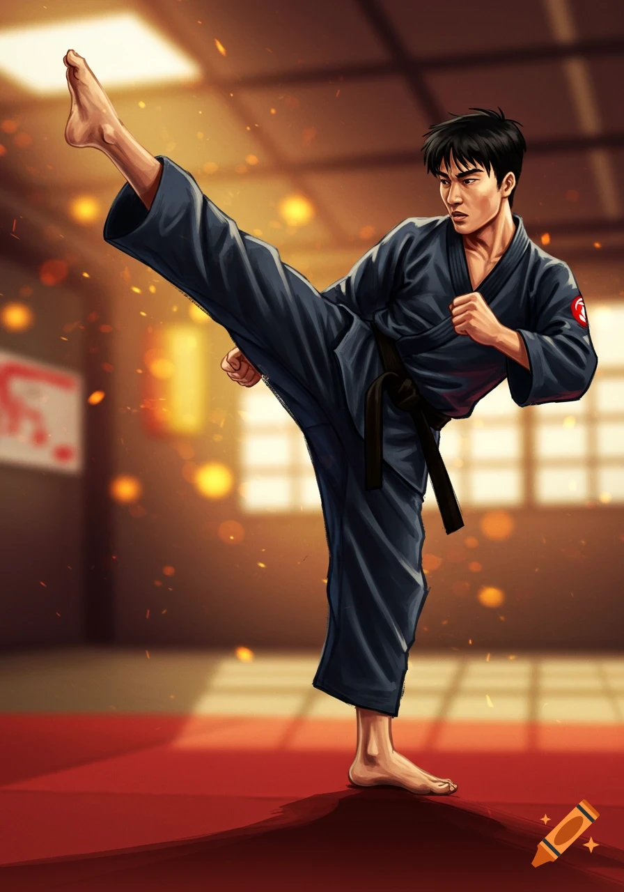 Illustration of a man in a dark gi performing a high kick in a dojo. on ...