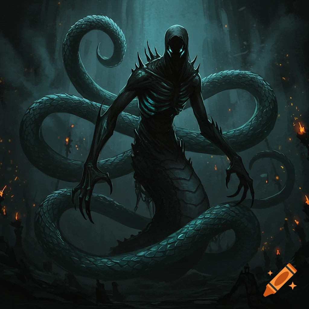 A shadowy humanoid monster with glowing eyes and multiple snake-like ...