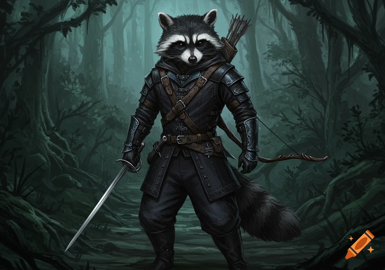 Fantasy art of a raccoon character dressed as a rogue with sword, bow ...