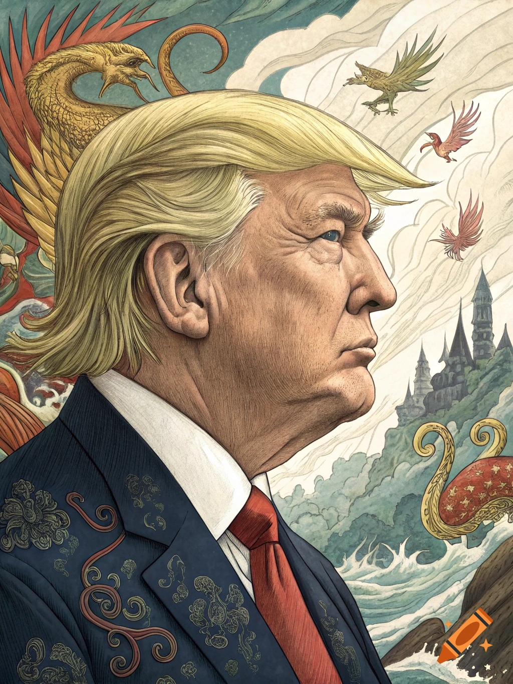 Portrait of Donald Trump in a fantasy setting with a dragon and castle ...
