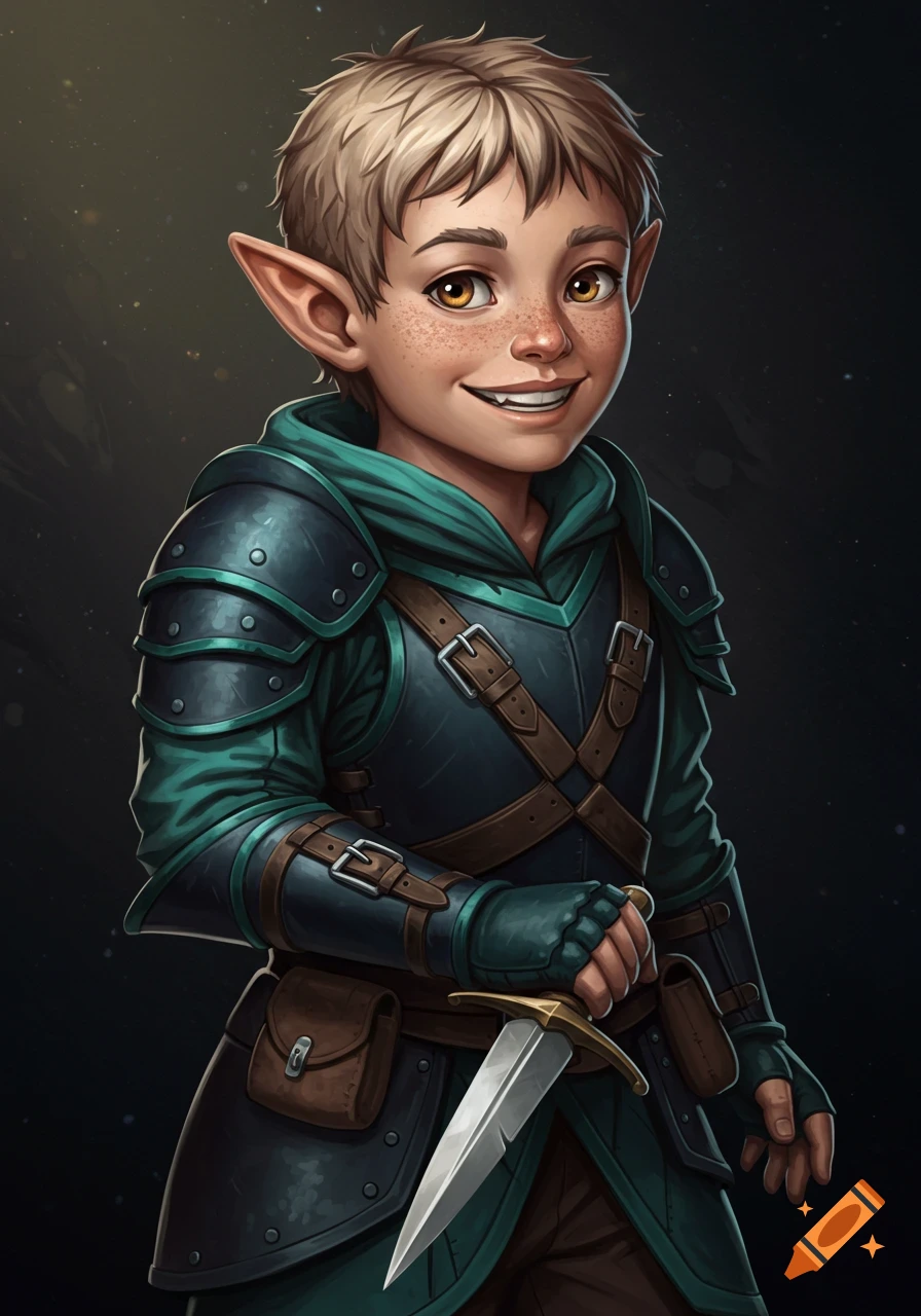 Smiling young fantasy character in armor holding a dagger, illustration ...