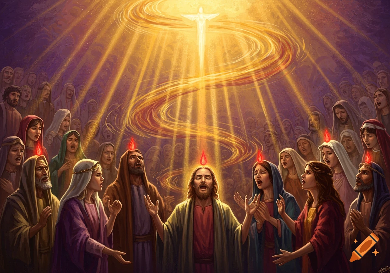 Digital painting of Jesus and a crowd receiving the Holy Spirit with flames above their heads ...