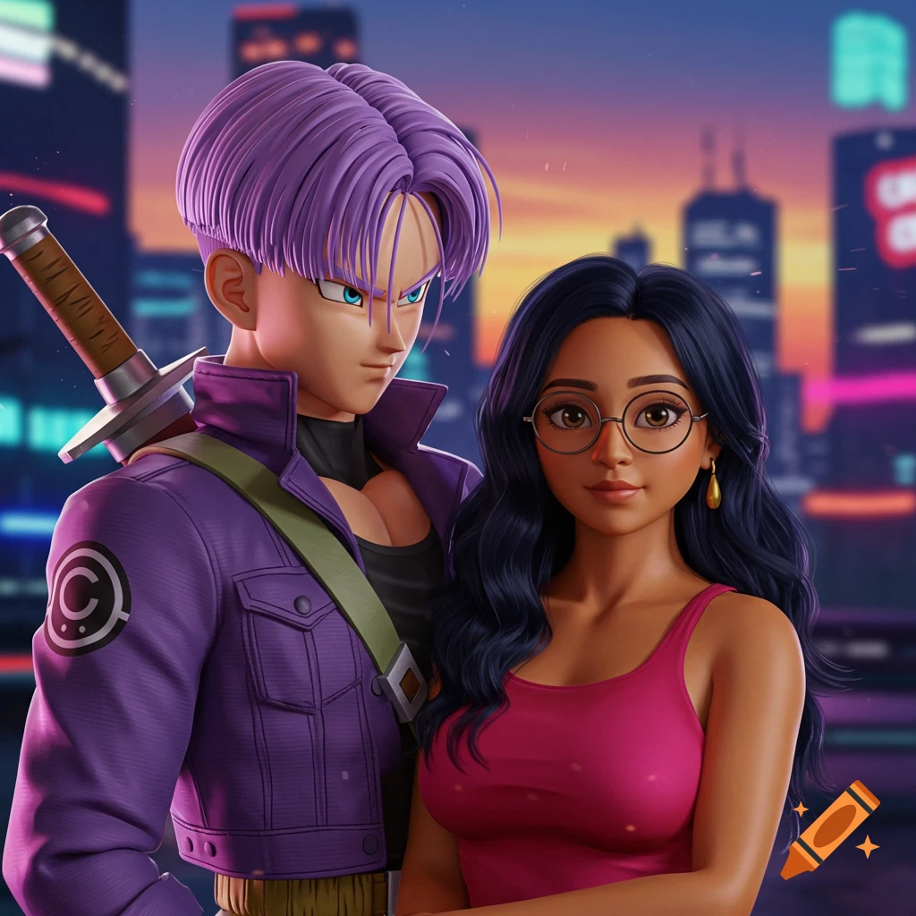 Anime characters Trunks and his girlfriend in a futuristic city at ...