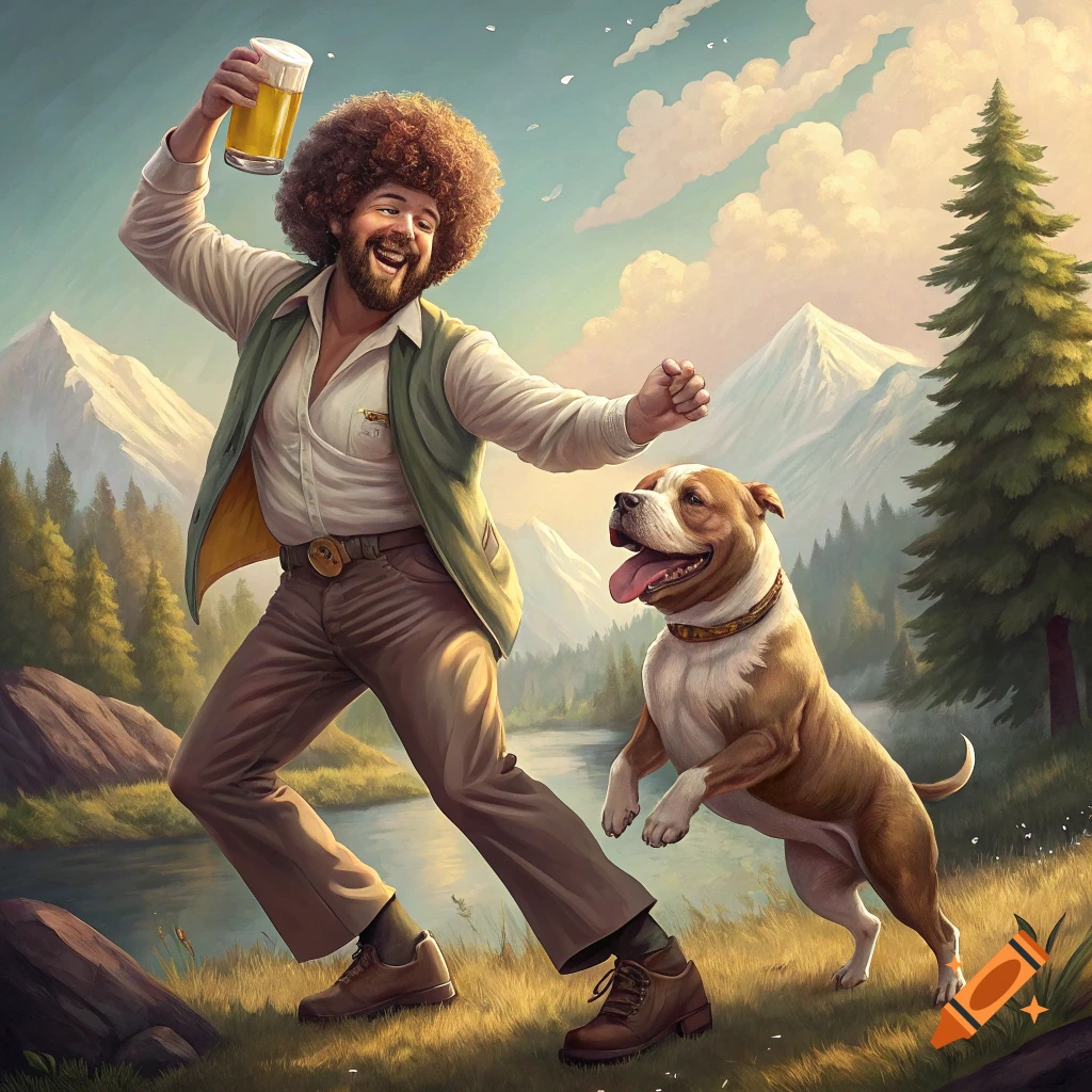 Bob Ross dances outdoors with a dog, holding up a beer in a mountain ...