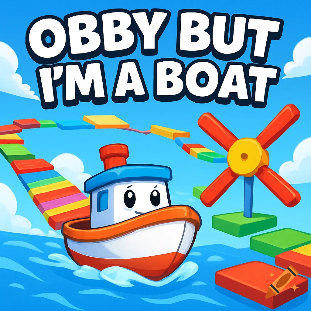 Cartoon boat on a colorful obby course with the text 'OBBY BUT I'M A ...