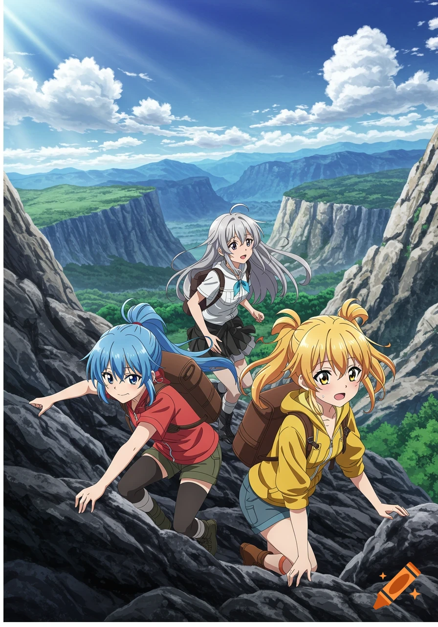 Three anime girls hiking up a rocky mountain with a scenic valley view ...