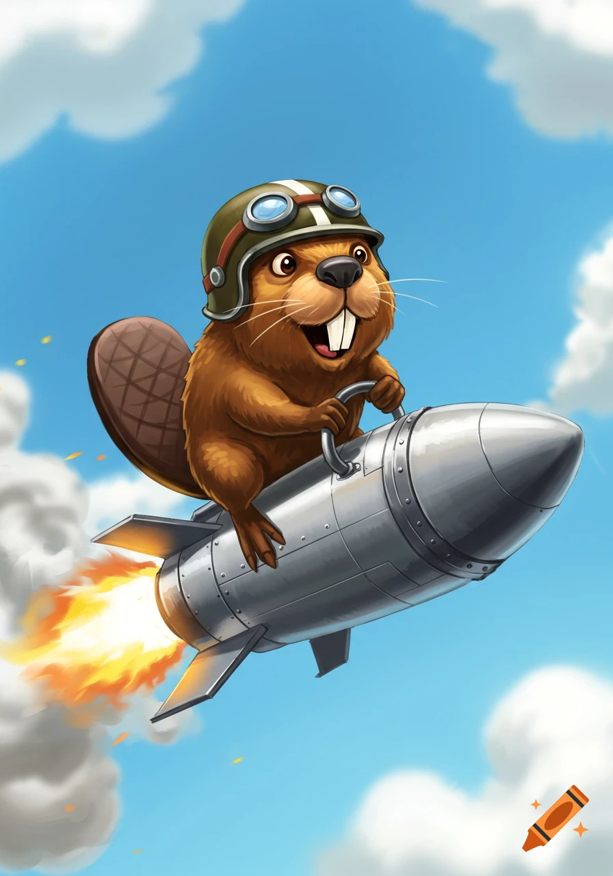 Cartoon beaver wearing a helmet rides a rocket through the sky on Craiyon