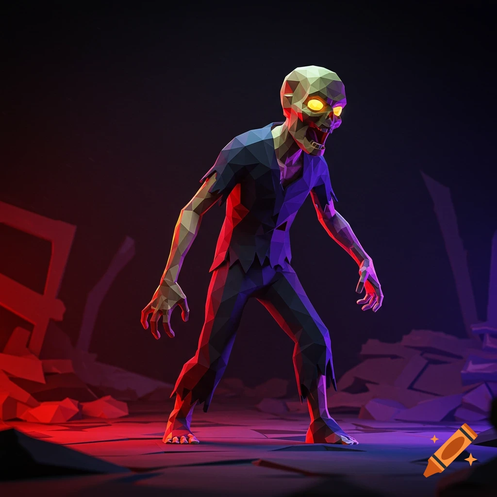 A low poly zombie stands amidst debris under red and purple light. on ...