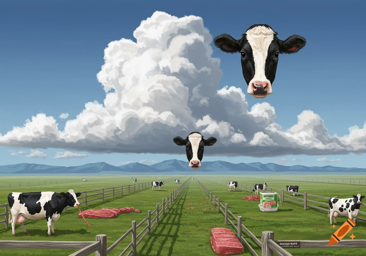 A surreal farm field with cows, large raw meat chunks, and floating cow ...