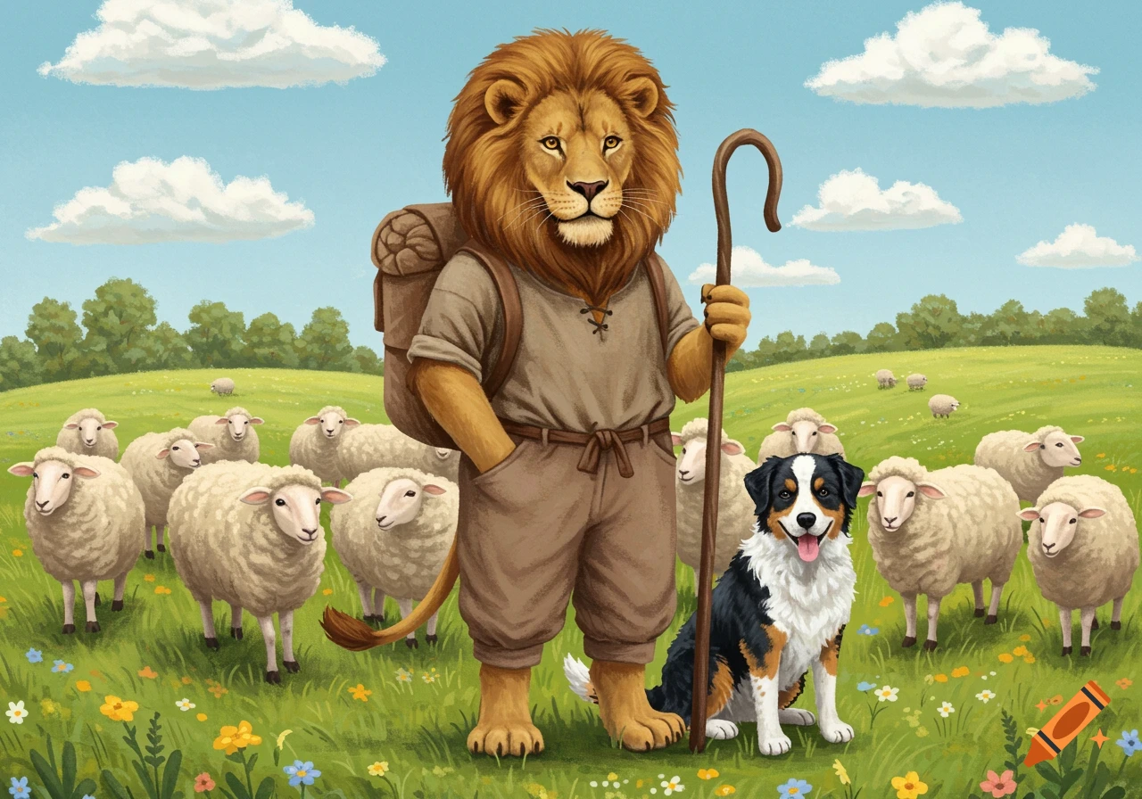 A lion dressed as a shepherd stands in a field with a tri-colored sheep ...