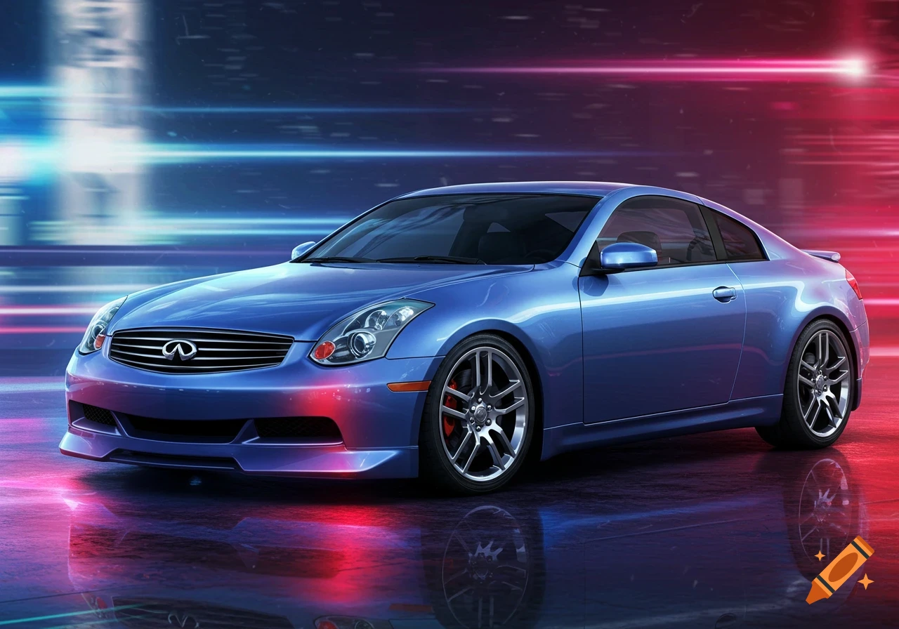 Blue Infiniti G35 coupe parked in a futuristic city street with neon ...