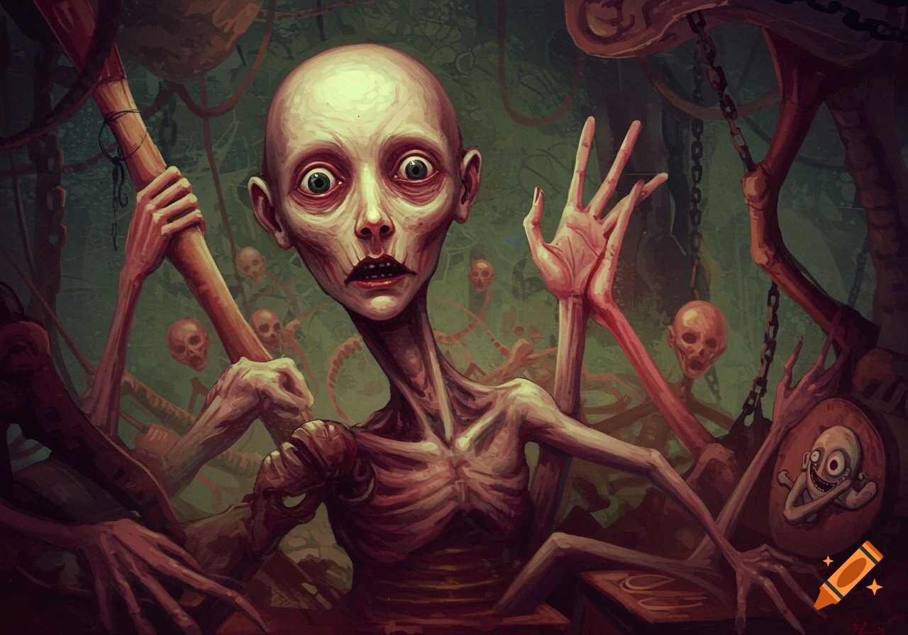 Creepy emaciated creature with wide eyes and exposed ribs in a dark ...