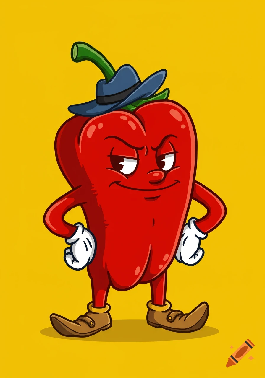 Cartoon red pepper character with a sassy expression wearing a blue hat ...