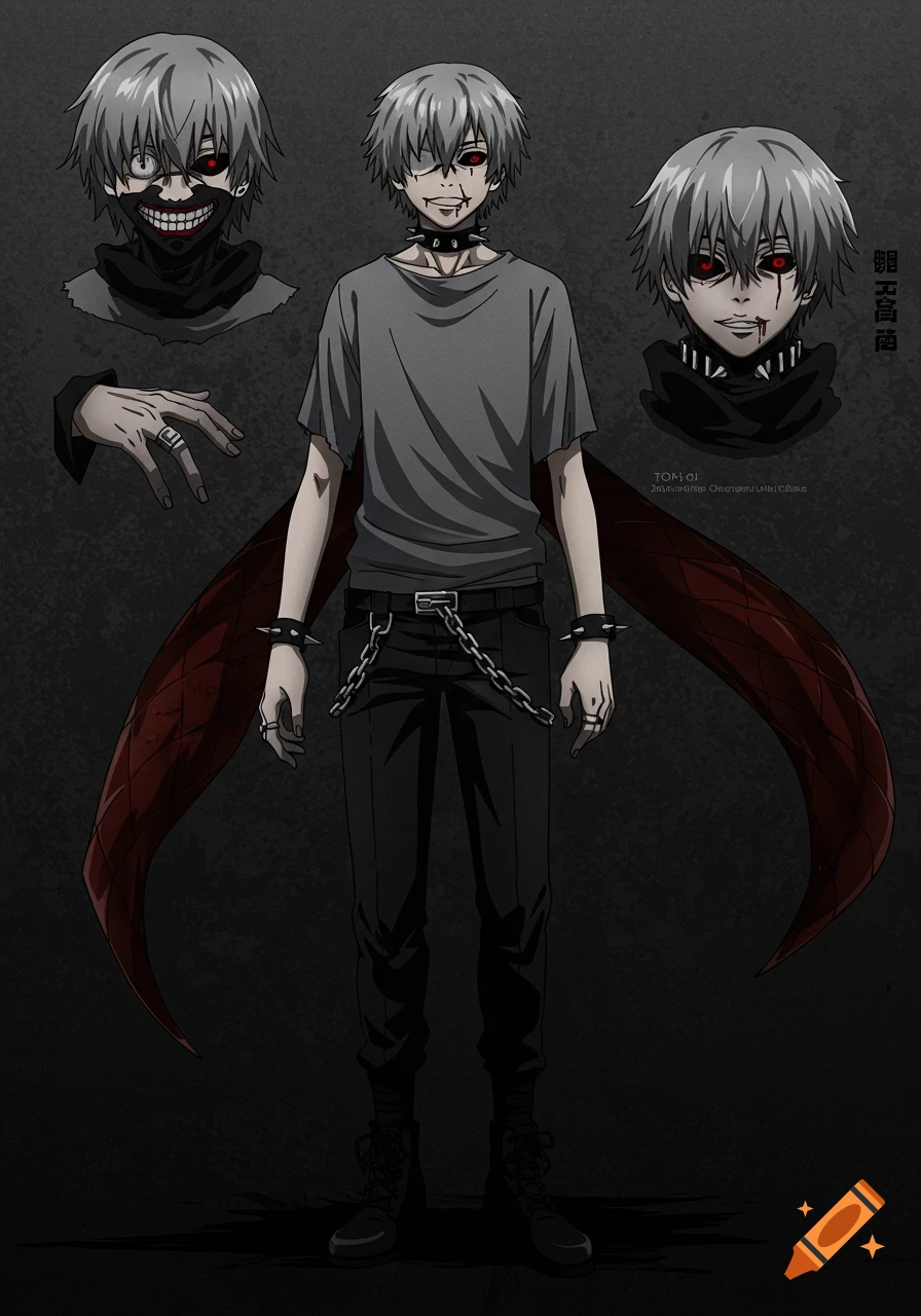 Anime character design sheet of a menacing male with grey hair, red ...