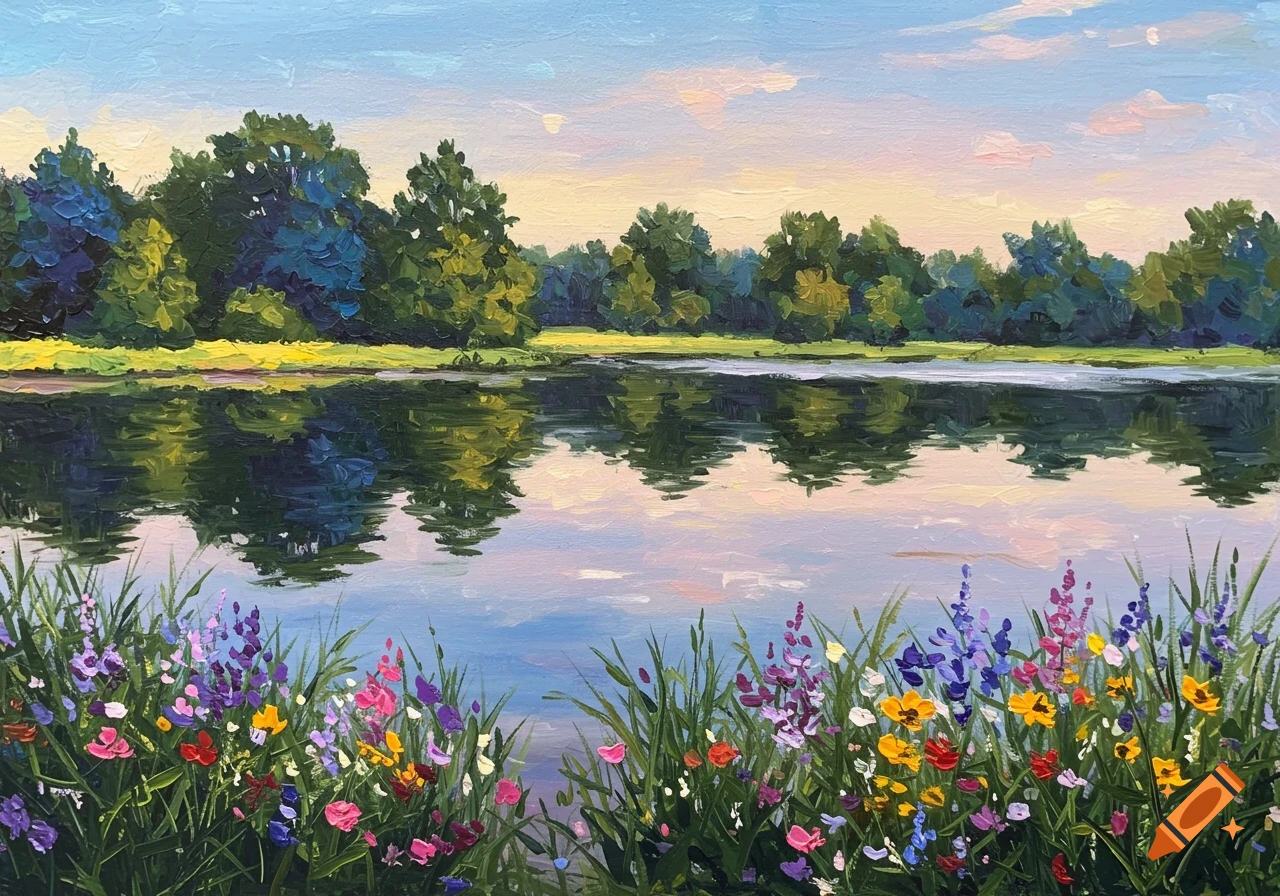 A post-impressionist painting of a tranquil lake with a forest ...