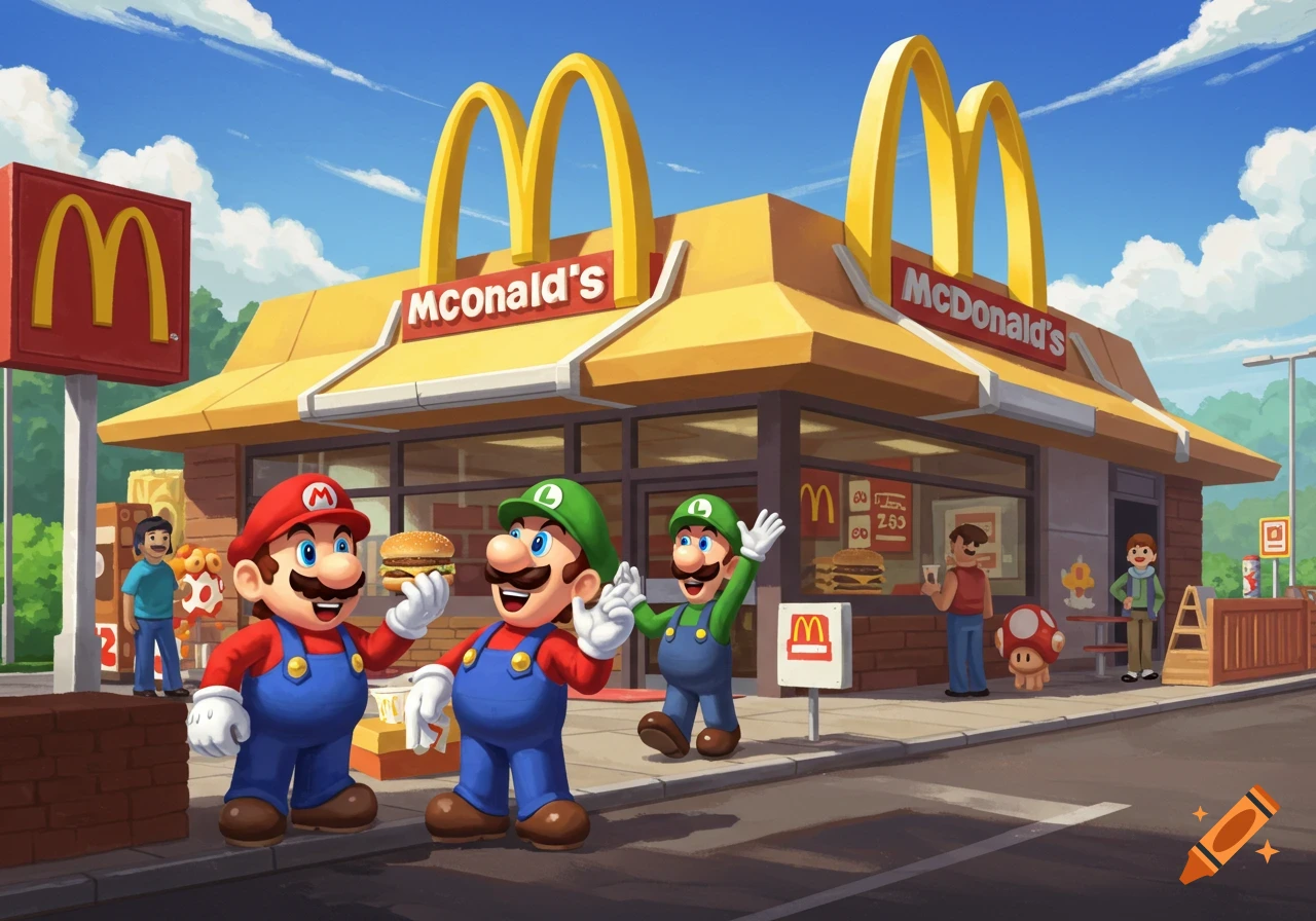 Cartoon illustration of Mario and Luigi holding burgers outside a ...