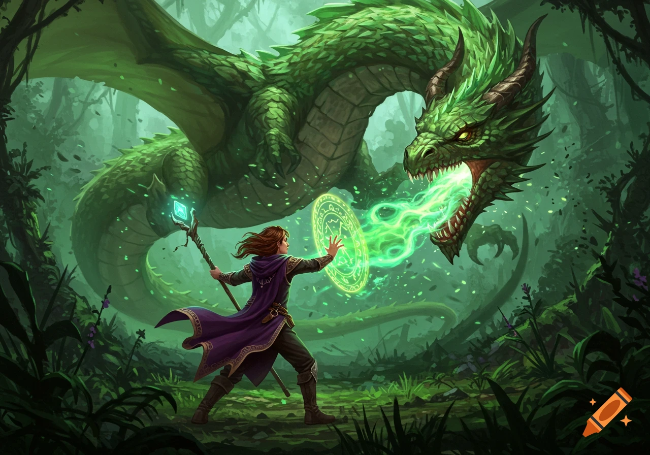 A mage casts a magic shield against a green dragon breathing green fire ...