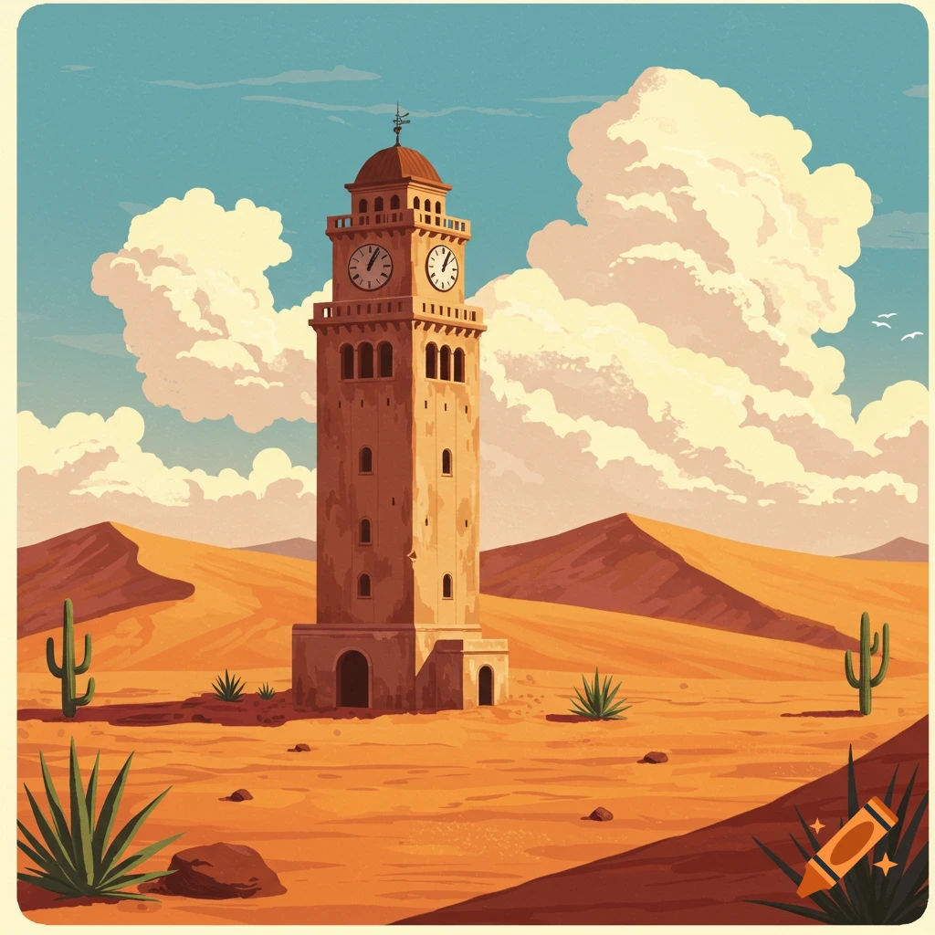 A clock tower stands in a desert landscape with cacti under a partly cloudy sky. Stylized ...