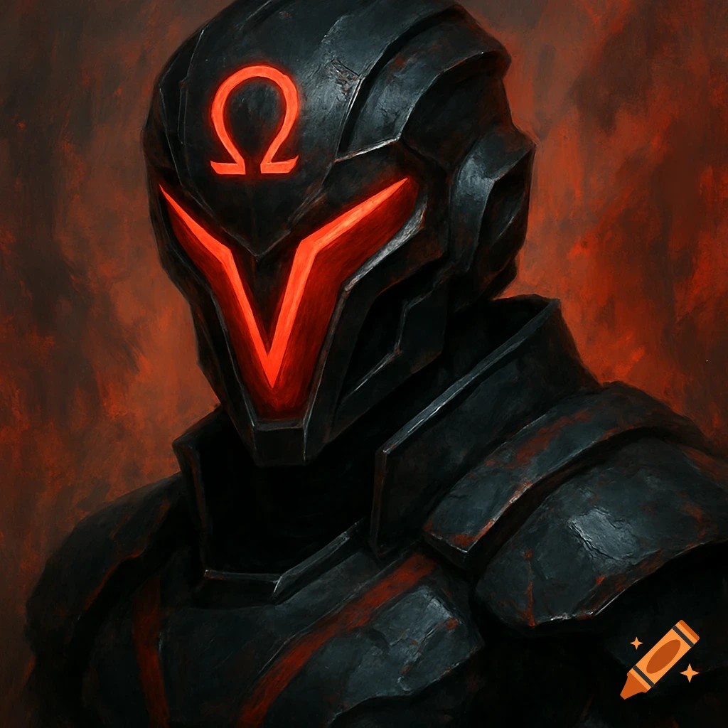Portrait of a character in dark armor with glowing red V-shaped eyes ...