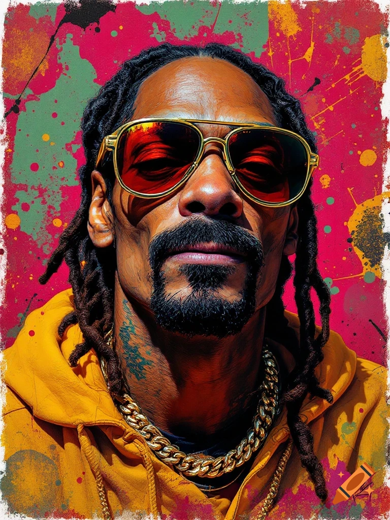 Stylized portrait of Snoop Dogg wearing gold chains and sunglasses ...