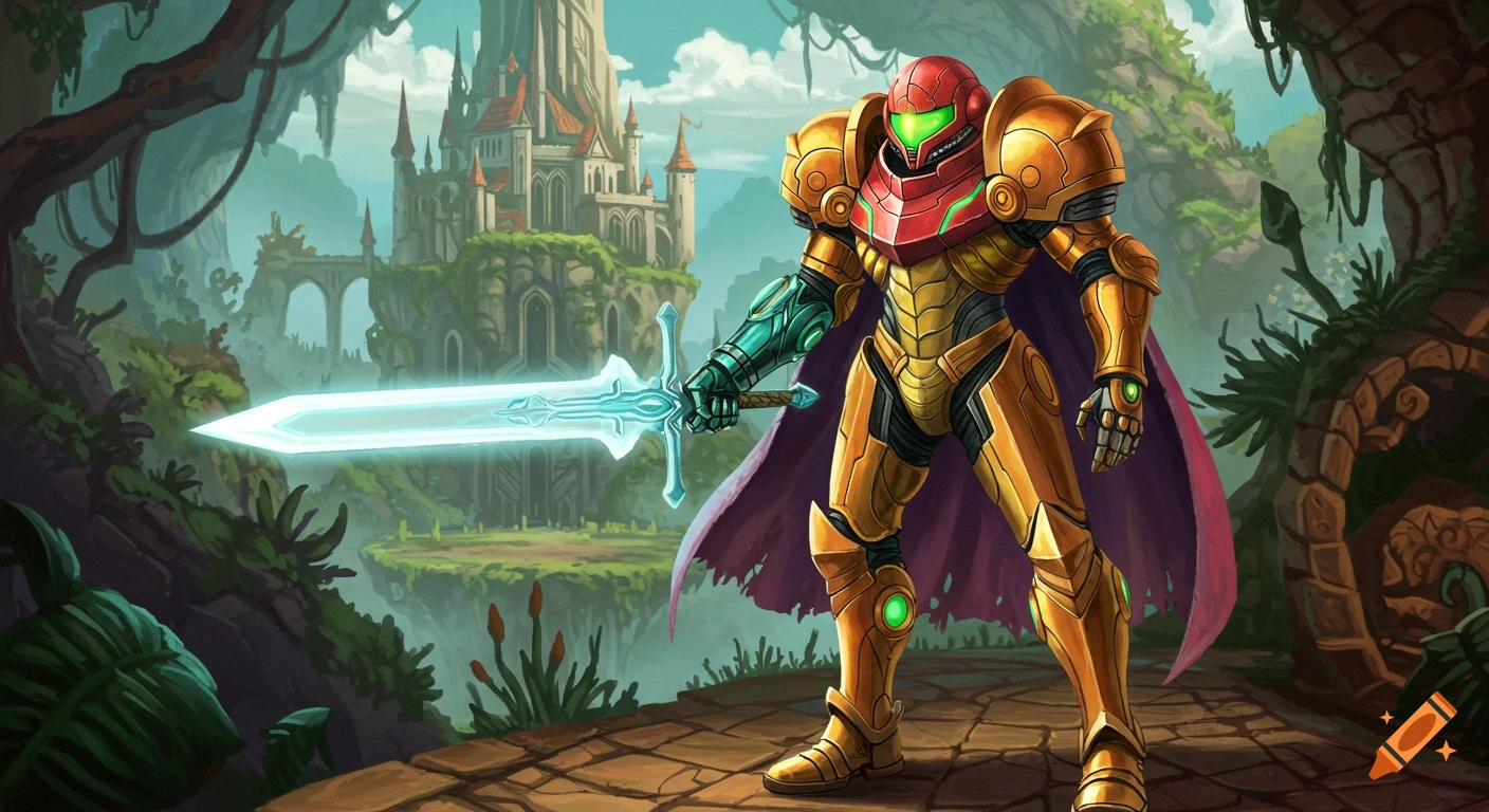 Metroid character Samus Aran in golden armor holds a glowing sword in a ...