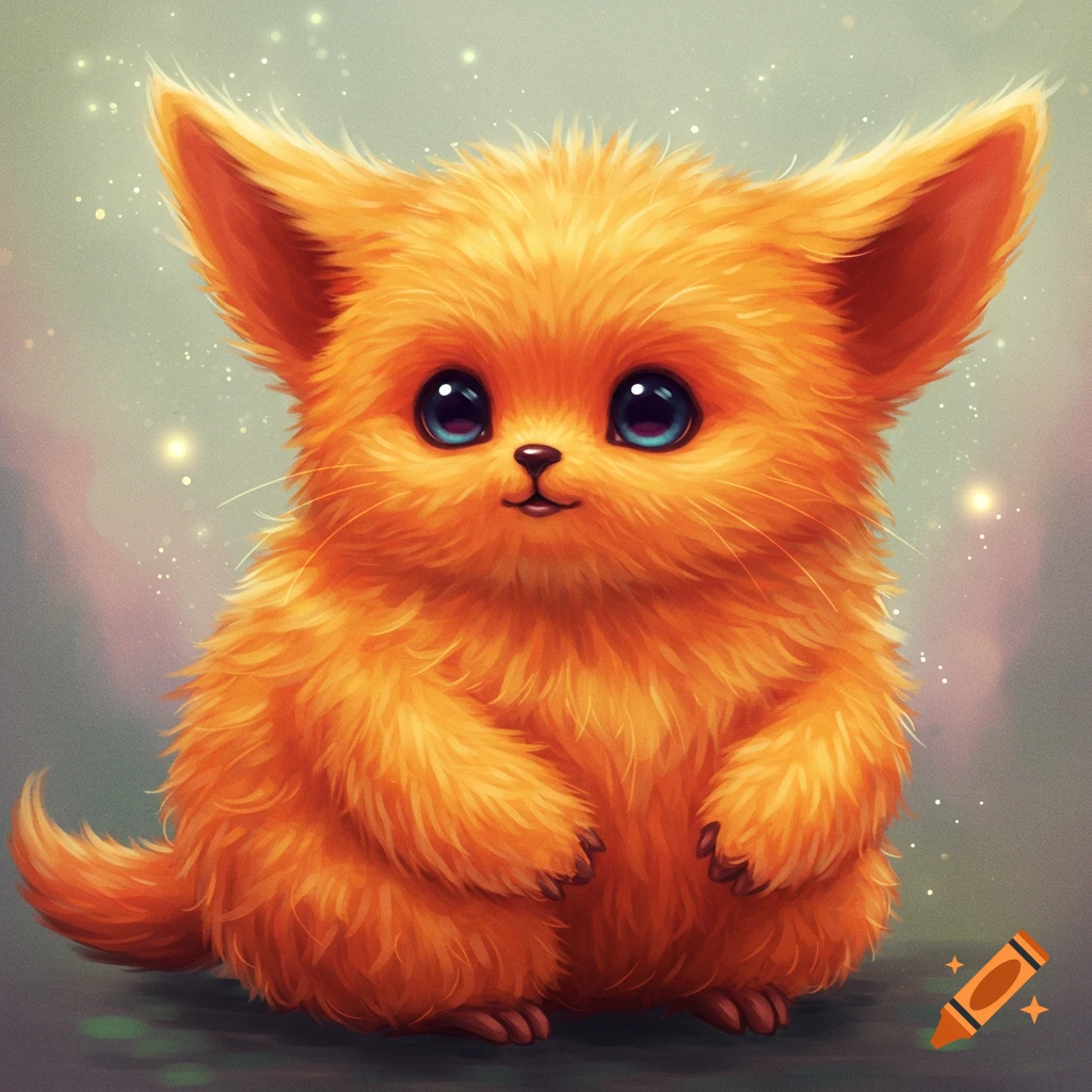 A cute, fluffy orange creature with big blue eyes sits. on Craiyon