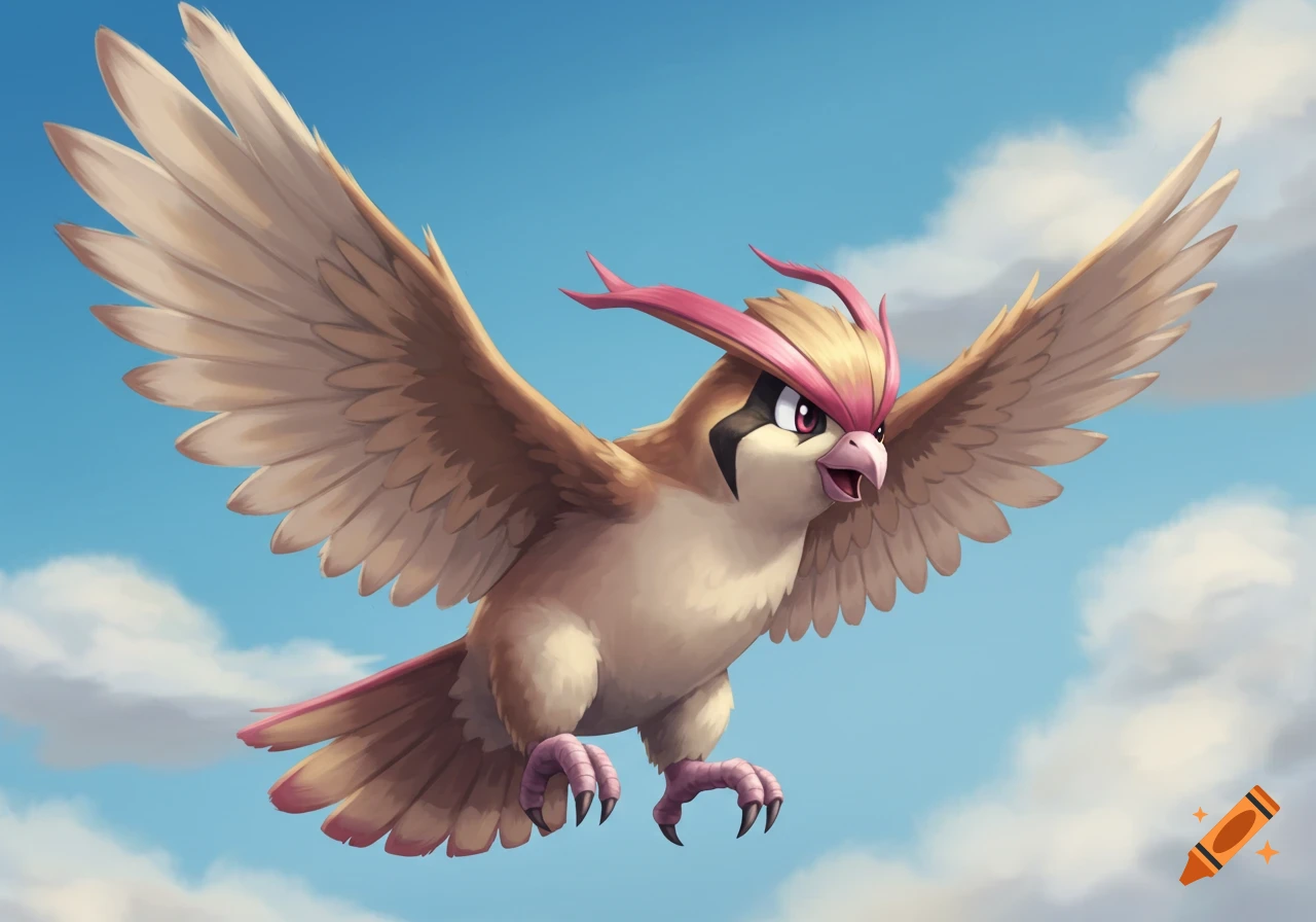 A hyper realistic Pidgeot Pokémon flies through a cloudy blue sky. on ...