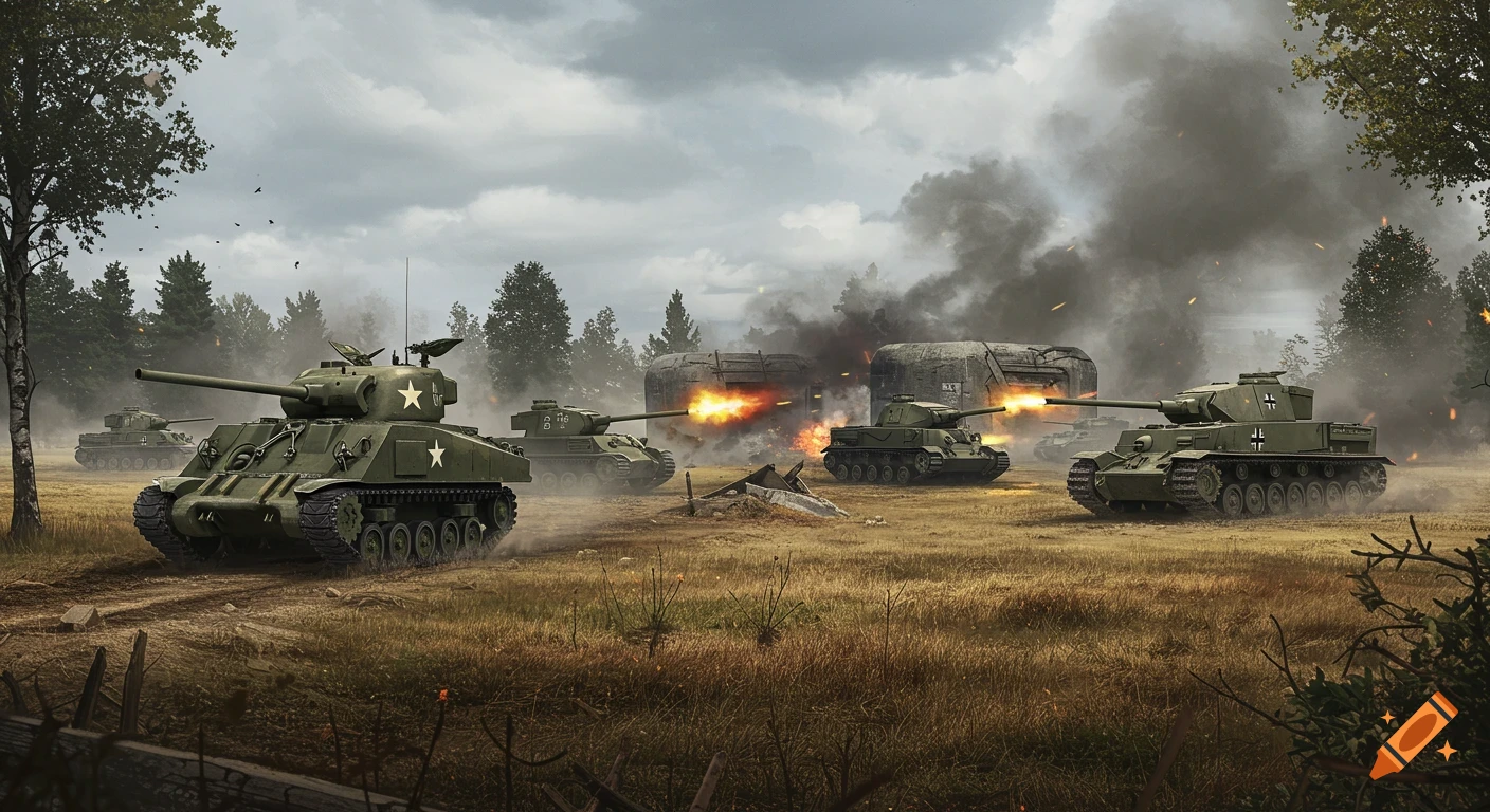 WWII battle with Sherman and Panzer tanks firing near bunkers in a ...