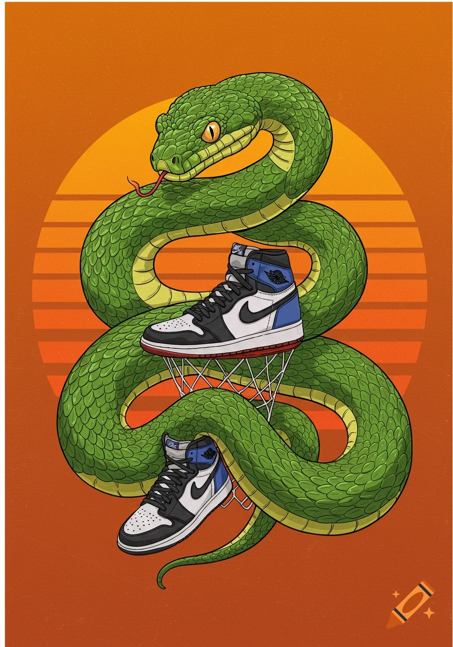 Illustration of a green snake wrapped around Air Jordan sneakers and a ...
