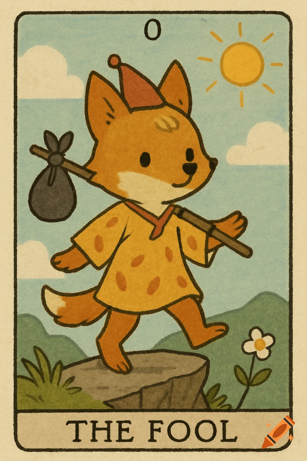 A cute cartoon fox is depicted as The Fool tarot card, walking on a ...