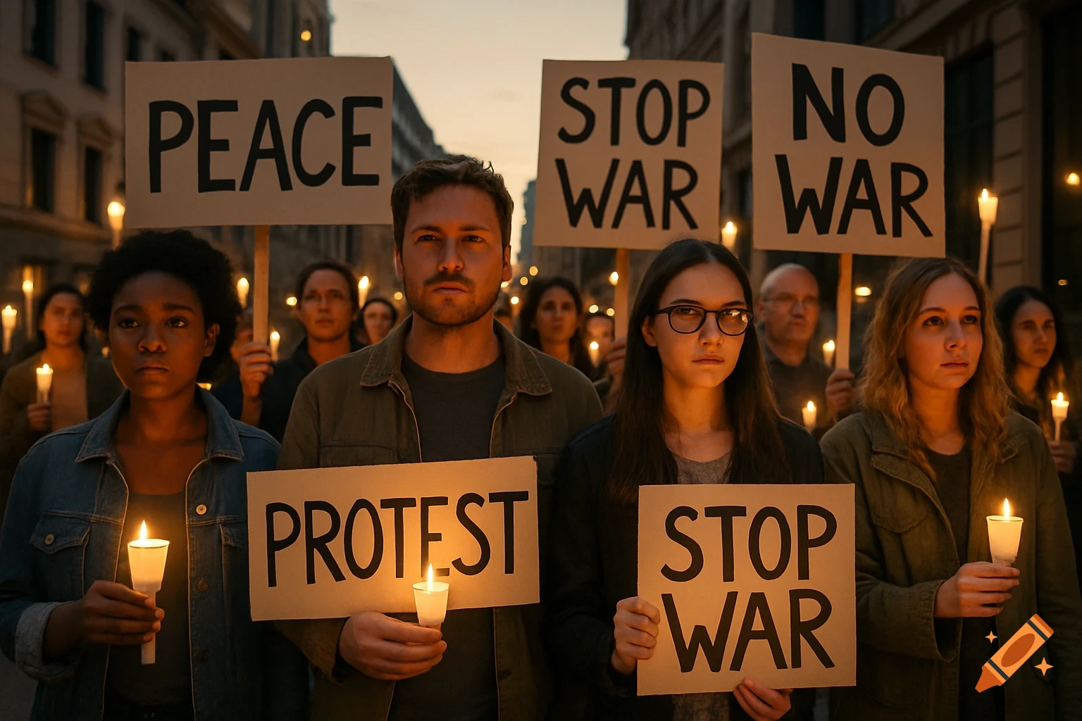 People hold signs reading "PEACE", "STOP WAR", and "PROTEST" and ...