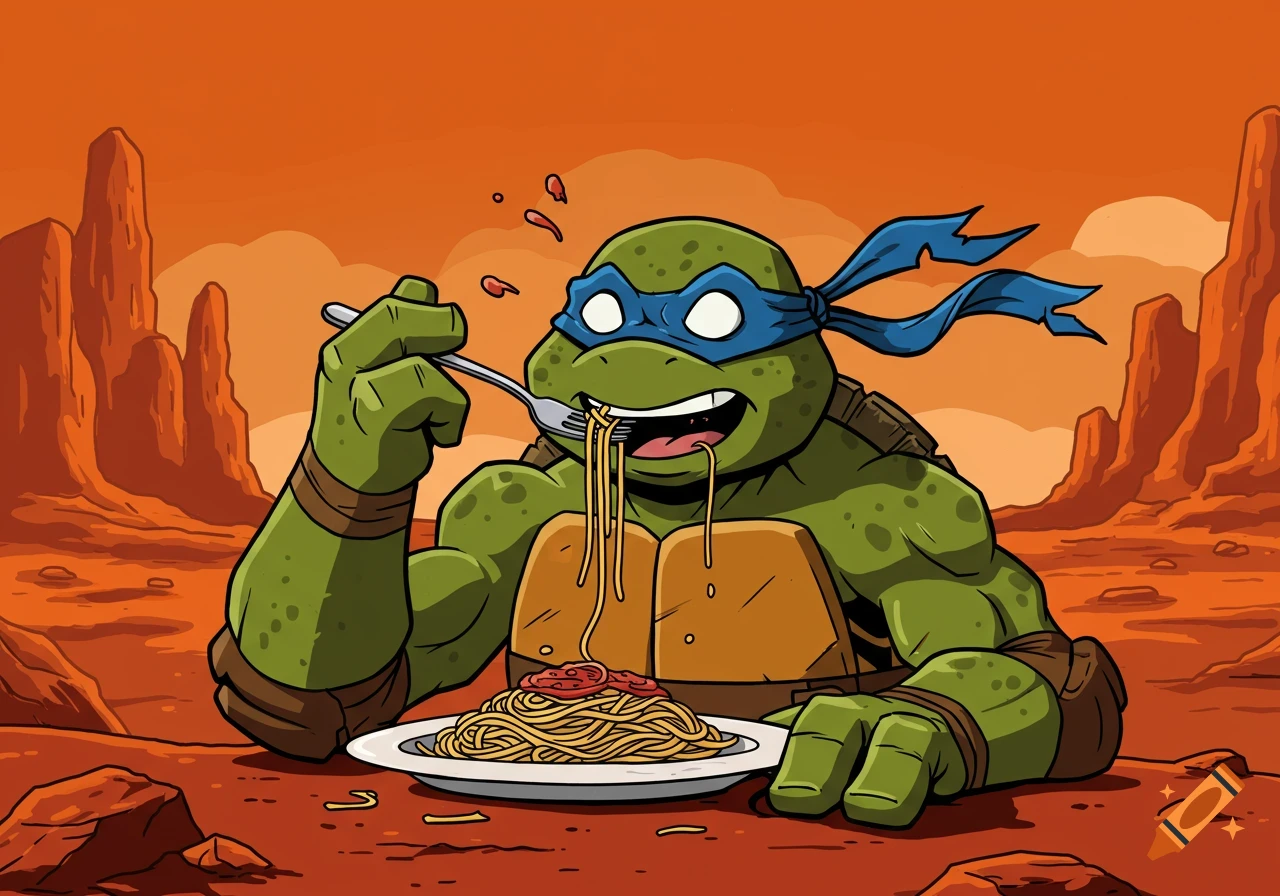 Cartoon ninja turtle eating spaghetti in a red desert landscape. on Craiyon